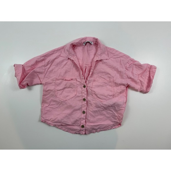 Zara | Tops | Zara Linen Blend Crop Top Button Down Shirt Pink Casual Blouse Size S | Poshmark